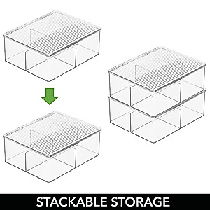 mDesign Plastic Stackable Toy Storage Bin with Hinged Lid, 4 Divided Compartments for Organizing Playroom, Kids' Room - Container for Small Toys, Craft and School Supplies + 24 Labels - 4 Pack - Clear