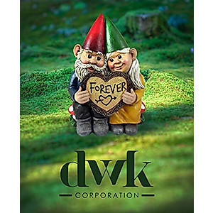DWK World of Wonders Gnome & Forever - Adorable Hand-Painted Gnome Couple in Love with Heart-Shaped Forever Wood Slice Indoor Outdoor Figurine Cute Romantic Home Garden Patio Lawn Accent, 6.5-inch
