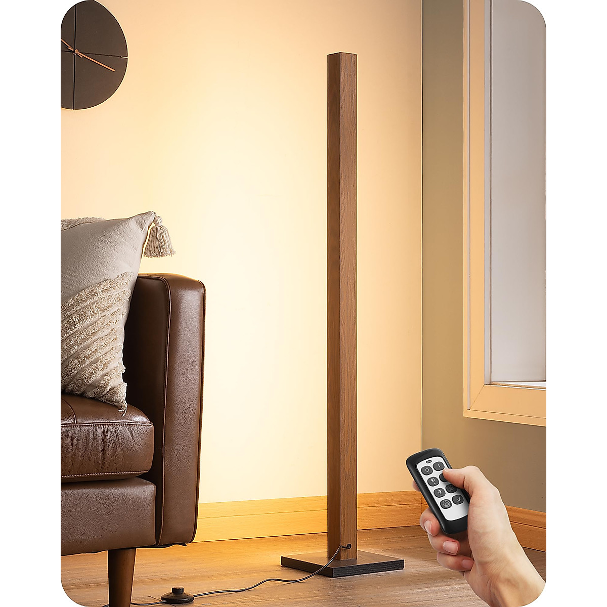 EDISHINE Mid Century Modern Floor Lamp with Remote, Dimmable Wood LED Corner Light, Minimalist Standing Mood Lighting for Living Room, Bedroom, Office, 7 Color Temperature 2700K~6000K, 46"
