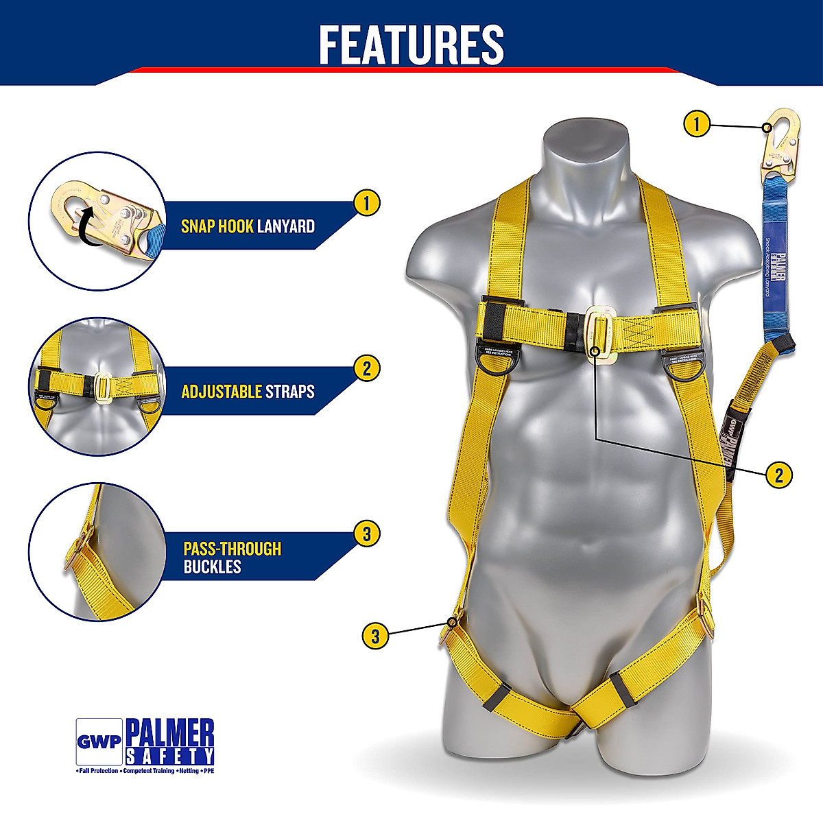Palmer Safety Fall Protection Safety Harness w/Detachable 6' Single Leg Lanyard I EXTERNAL Shock Absorber Lanyard I OSHA/ANSI Fall Arrest Kit I Ideal for Industrial & Construction Use (Yellow - 1pk)