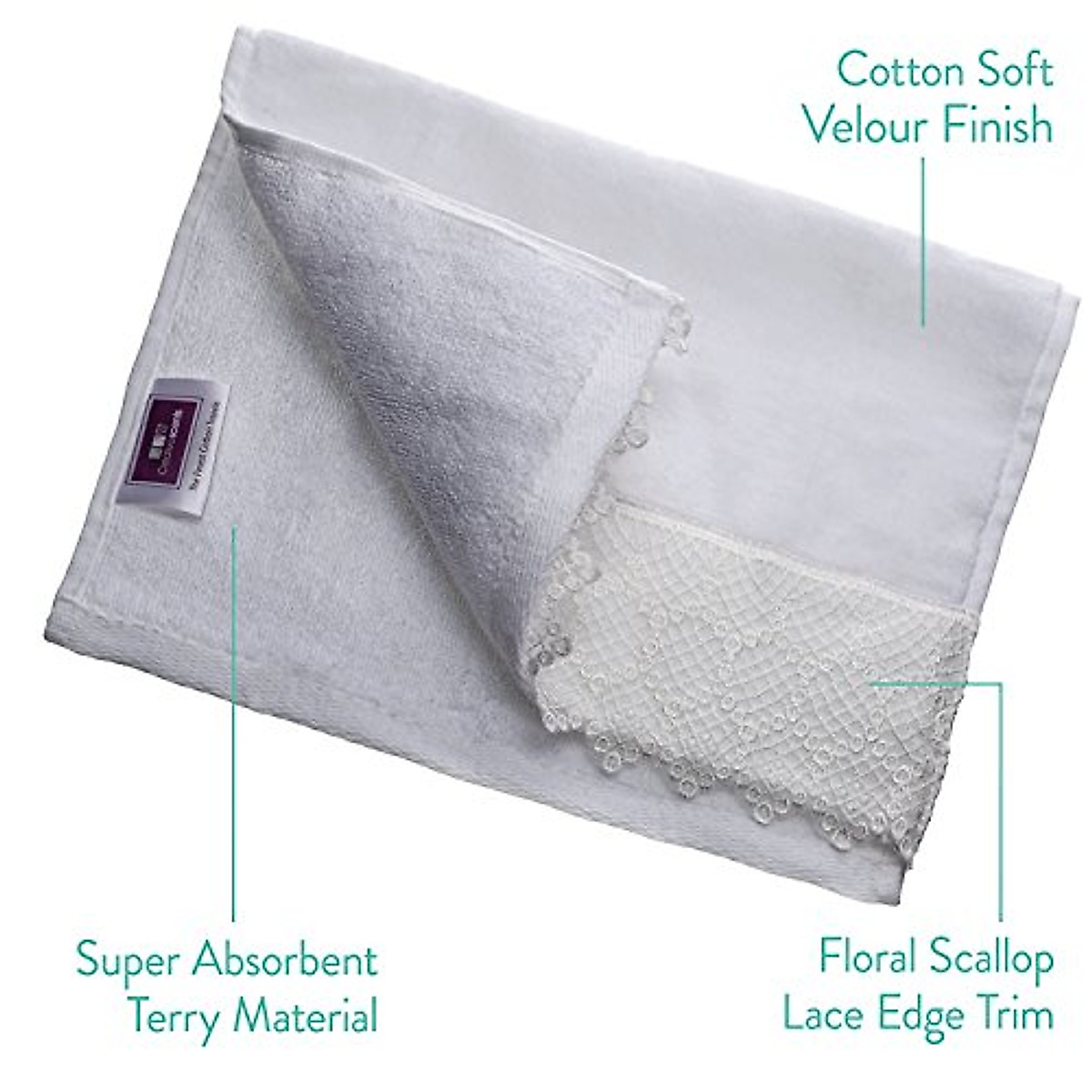 Creative Scents Fingertip Towels for Bathroom (11x18 inches) Towel Set of 4, Soft Velour Finish, Gorgeous Lace Trim, 100% Cotton, Machine Washable, Perfect for Guest Bathroom! (White)