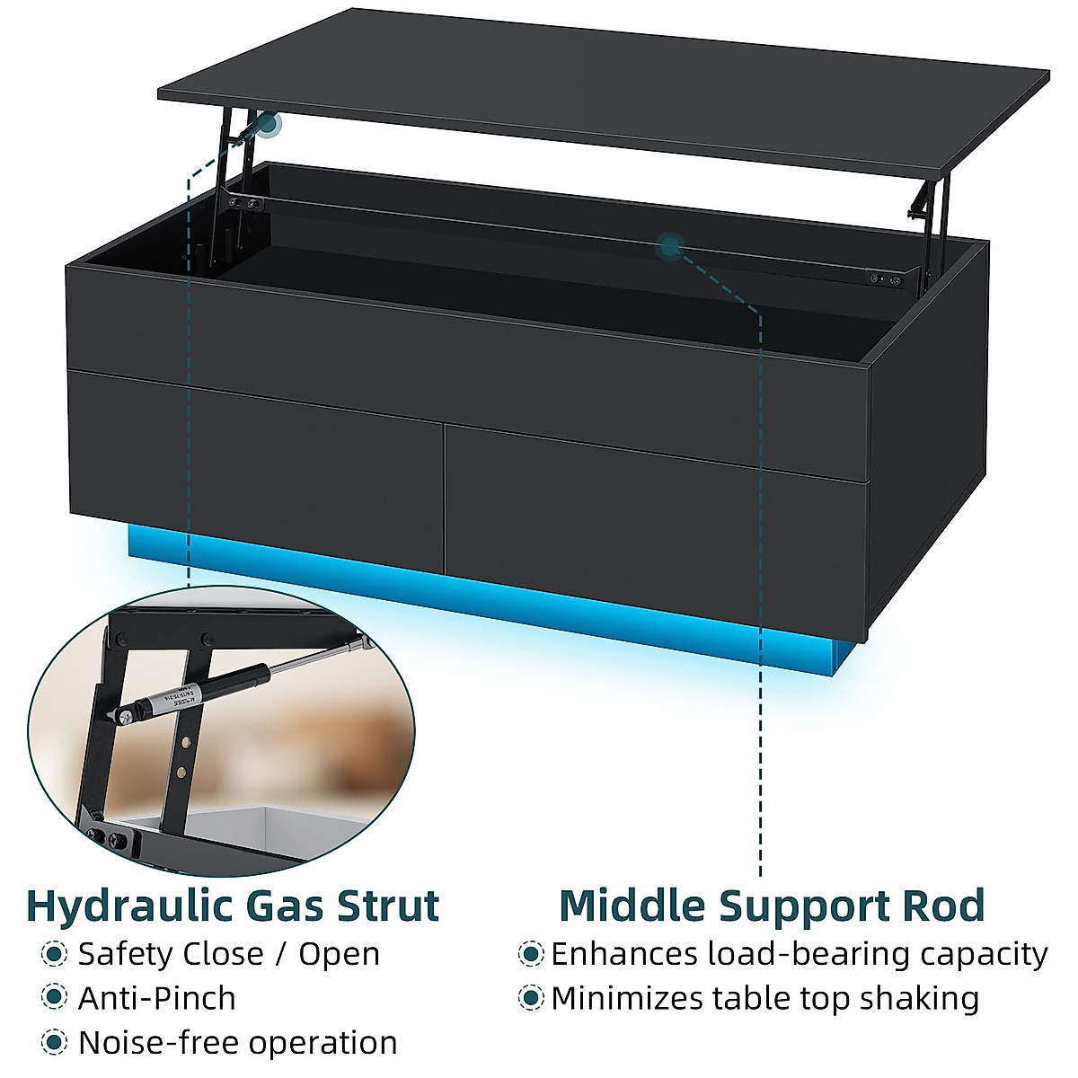 HOMMPA 40'' Lift Top Coffee Table for Living Room, Black Coffee Tables with Storage, LED Modern Coffee Table Rectangular Black Gloss, Flip Top Center Table with 2 Drawers and Hidden Compartment