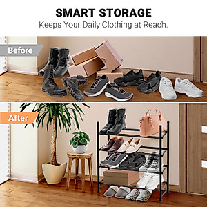 ikloo 4-Tier Shoe Rack for Closet and Entryway | Expandable and Stackable Shoes Organizer for Small Spaces | Adjustable Metal Shoe Shelf for Shoe Storage | Fit Up to 30 Pairs of Shoes | Black