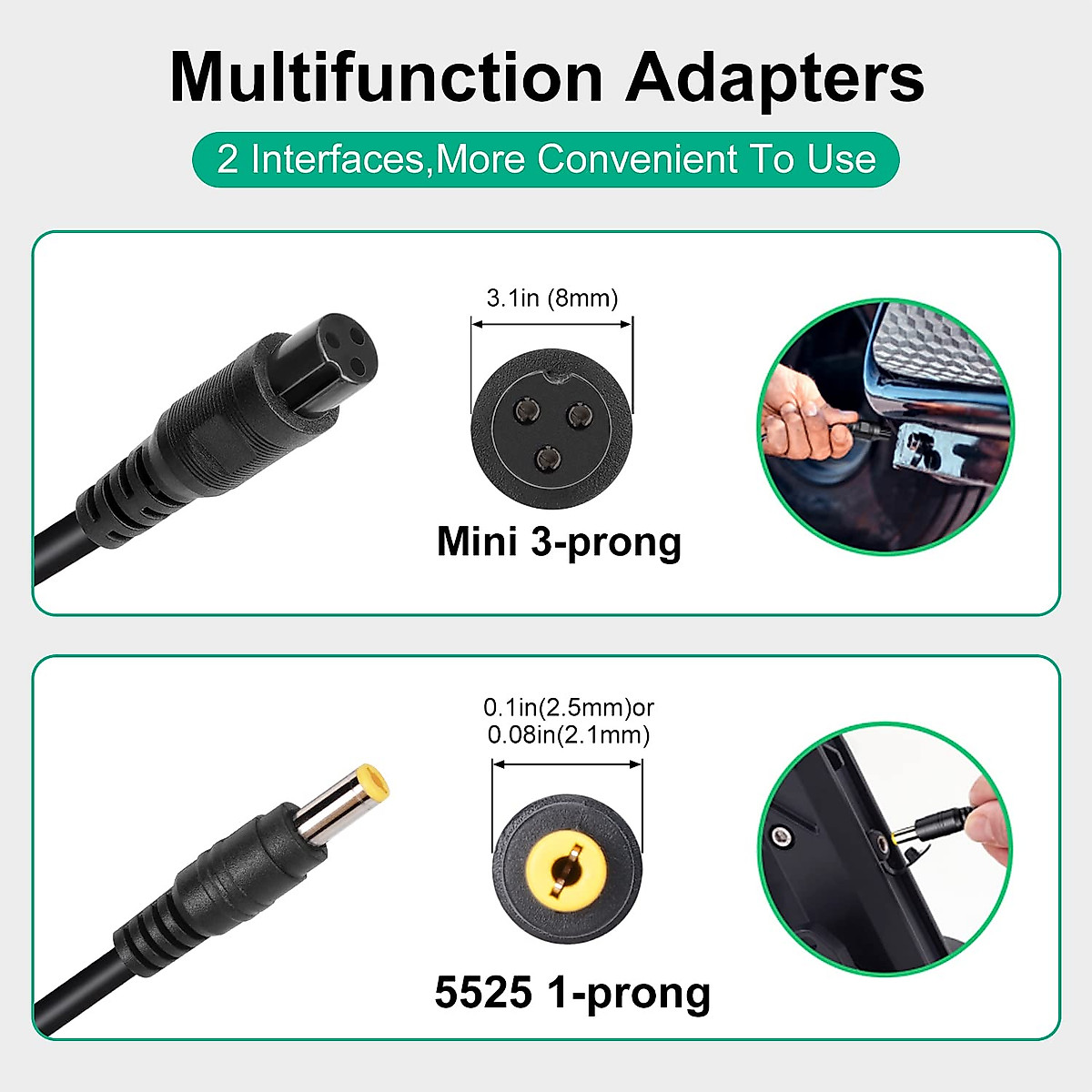 42V 2A Charger with 5.5mm Single Prong DC Plug and 8mm Triple Prong Connector, Two Plugs, Universal Replacement of 36V Lithium Battery