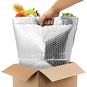 APQ Insulated Foil Bag with Handles, 12 x 10 x 9 Inches. 5 Pack Thermal Bags for Frozen Food. Metallized Foil Insulated Box Liners with Bubble Cushion. Insulated Shipping Bags for Food, Cosmetics