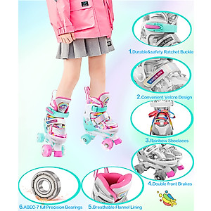 Rainbow Unicorn Kids Roller Skates for Girls Boys Toddler Ages 3-6,4-Pejiijar Adjustable Roller Shoes with Luminous Wheels for Birthday Xmas Gifts (Green, Small(10-13J))