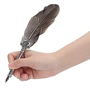 Quill Pen with Carving,Vintage Feather Calligraphy Pen Ink Set with 5 Pen Tip Replacement,Ink Bottle,Handcrafted Feather Pen Gift Box(Grey)