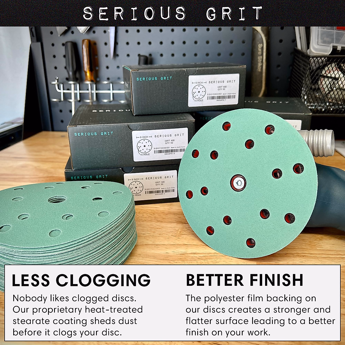 Serious Grit - 6-Inch 15-Hole 120 Grit Sanding Discs - Heavy-Duty Hook & Loop Film Discs - Sandpaper for Random Orbital Sanders - 50 Pack Box