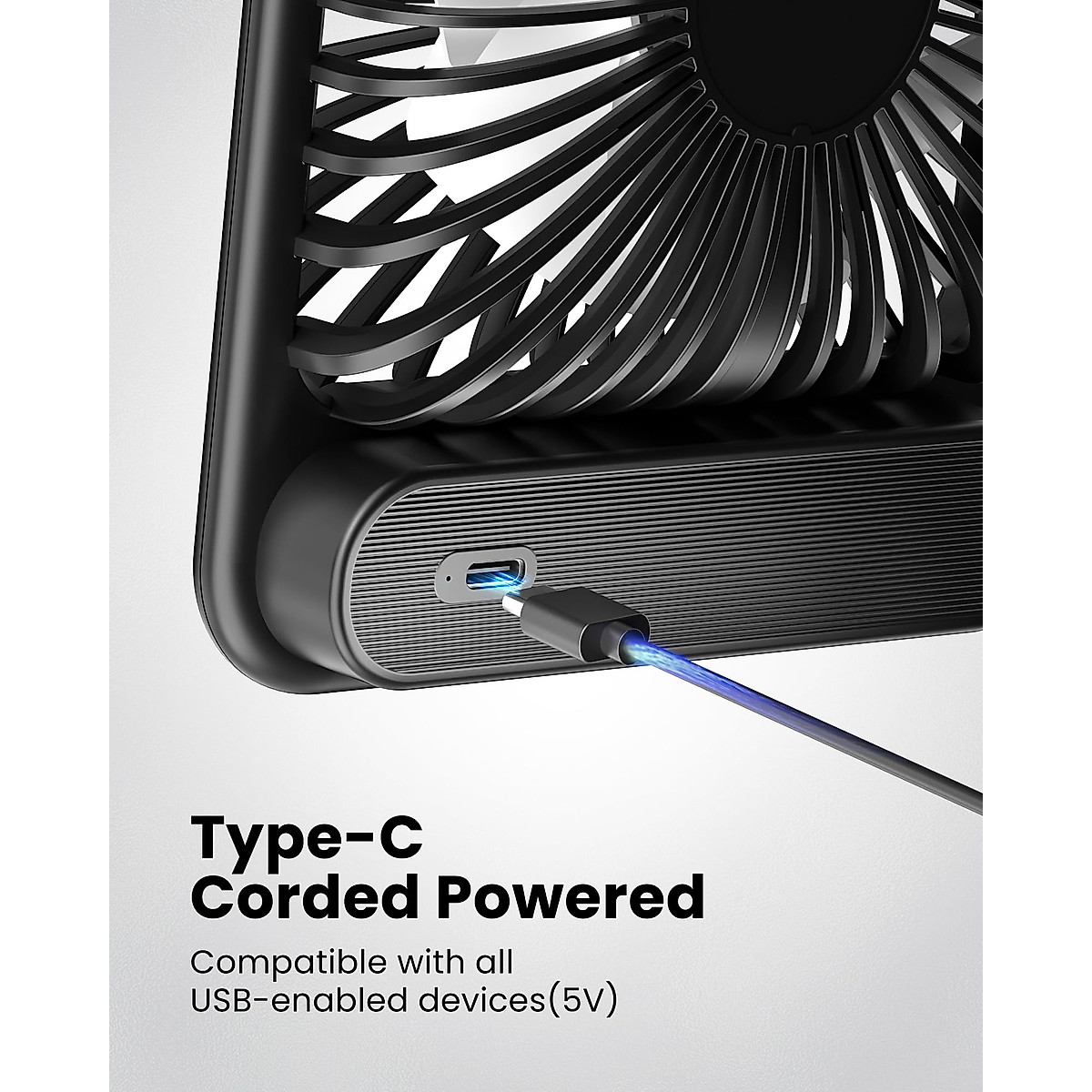 Koonie USB Desk Fan, Strong Wind Ultra Quiet Small Personal Fan with 180° Tilt Folding and 3 Speeds Adjustable, USB-C Corded Powered Mini USB Fan for Office Desktop Bedroom