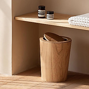 Generic 2024 New Round Wood Trash Can with Lid, Japanese-Style Natural Wood Garbage Recycling Bin, Wood Waste Bin with Swing Lid, for Bathrooms, Powder Room, Kitchen, Home Office