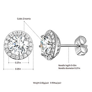 Gold Plated Cubic Zirconia Stud Earrings, Simulated Diamond Halo Stud Earrings with Large 7mm and 18pcs Small Bright CZ Earrings