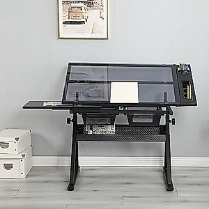 Kindmin Height Adjustable Drafting Table Drawing Table Artist Desk Tilting Tabletop Art Craft Desk Watercolor Paintings Sketching Work Station w/2 Storage Drawers and Stool for Home Office