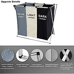 QQUN 3 Sections Laundry Hamper Cloth Basket Sorter Hamper Bin Collapsible Washing Storage Dirty Clothes Bag with Handle for Clothes, Toys, College Dorms, Bedroom, Bathroom (Grey-Black-White), 135L