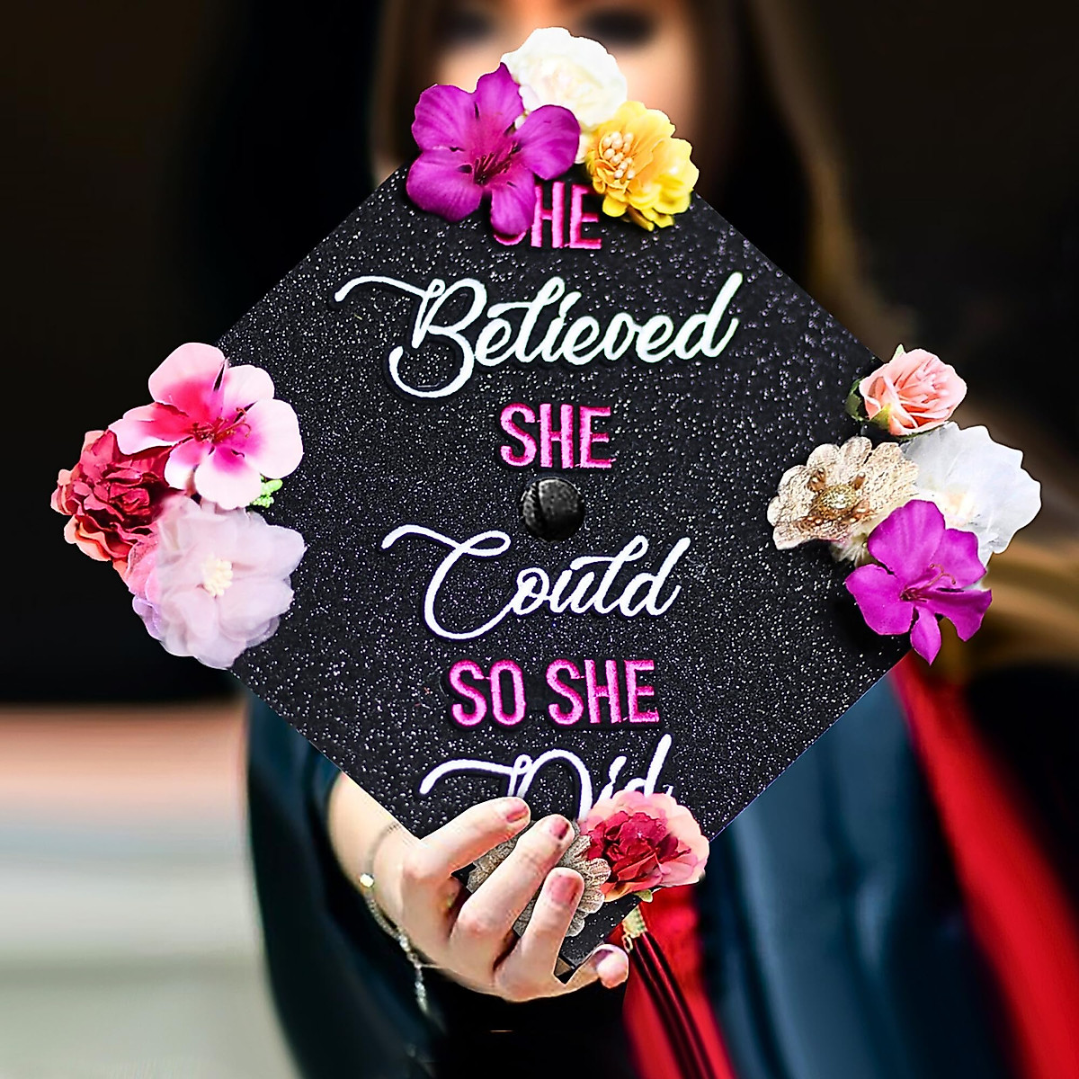 GRADWYSE Once Upon A Time Handmade Graduation Cap Topper Gift For Her Graduation Gift Graduation Cap Decorations, She Believed She Could So She Did (Black)