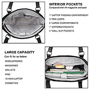 Laptop Tote Bag Womens Work Purse Floral Teacher Handbag Shoulder Bag fit 15.6 in laptop (Black - Rose)