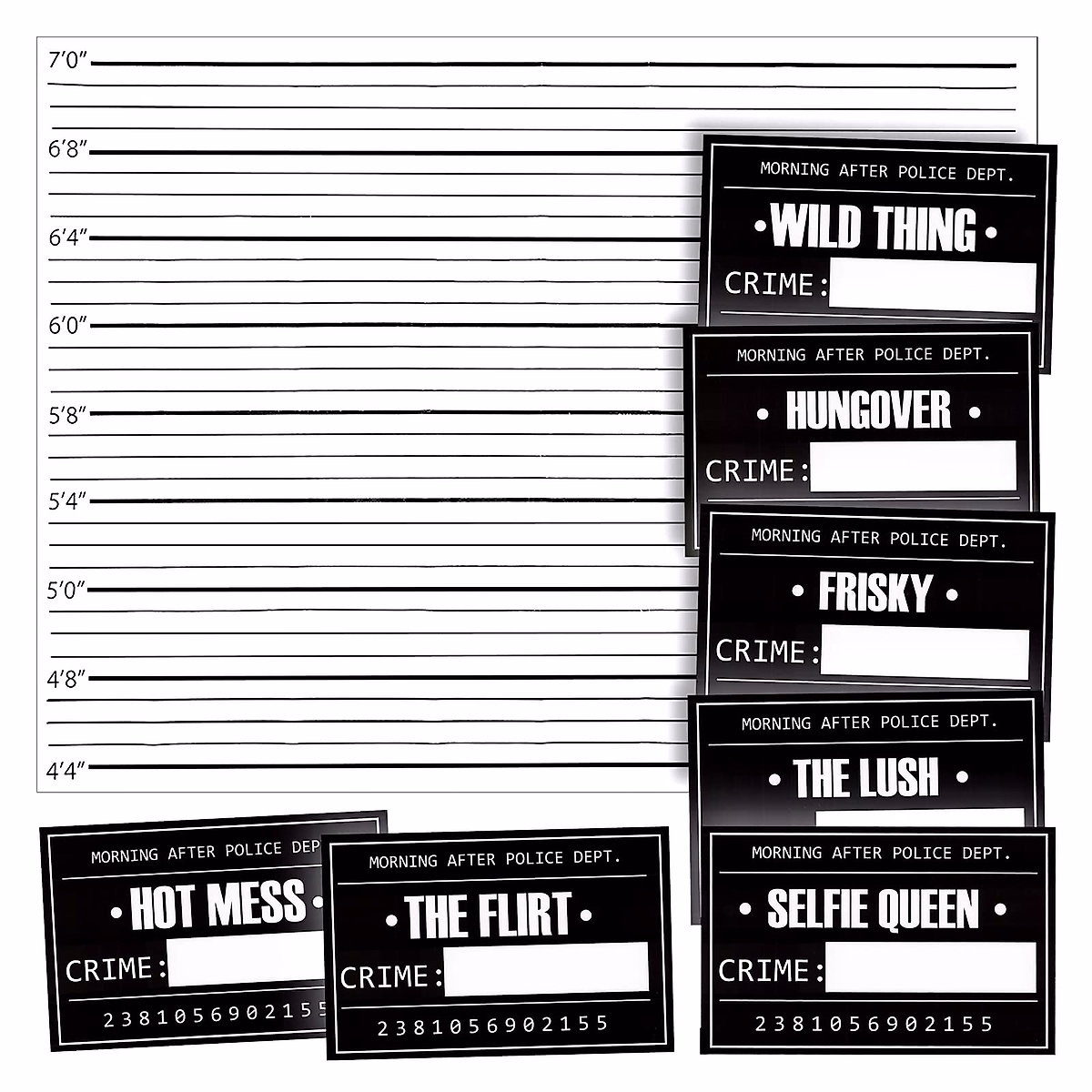 BLUE PANDA 25 Pack Mugshot Signs with Height Chart, 5x4 Ft Photo Bachelorette Backdrop for Wedding, Birthday, Jail Party Decorations, Halloween Party Supplies and Crime Scene Props