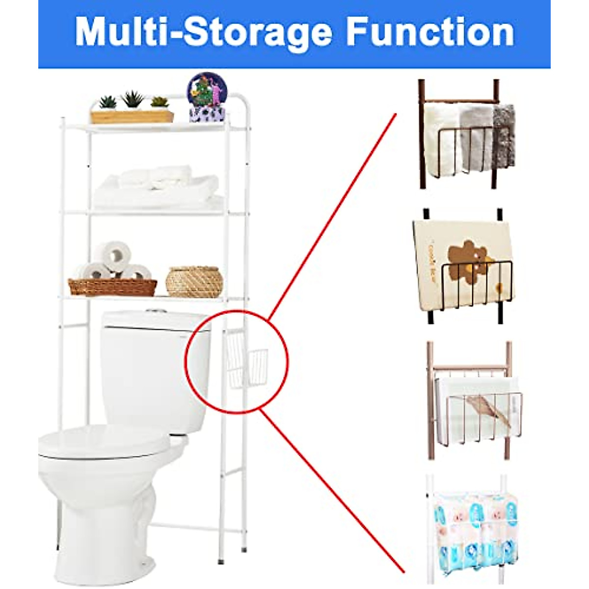 Oikos 3 Tier Over-The-Toilet Storage, Above Toilet Storage, Over The Toilet Bathroom Storage, Over The Toilet Storage White, Over Toilet Shelf, Bathroom Racks and Shelves, Magazine Rack (White)