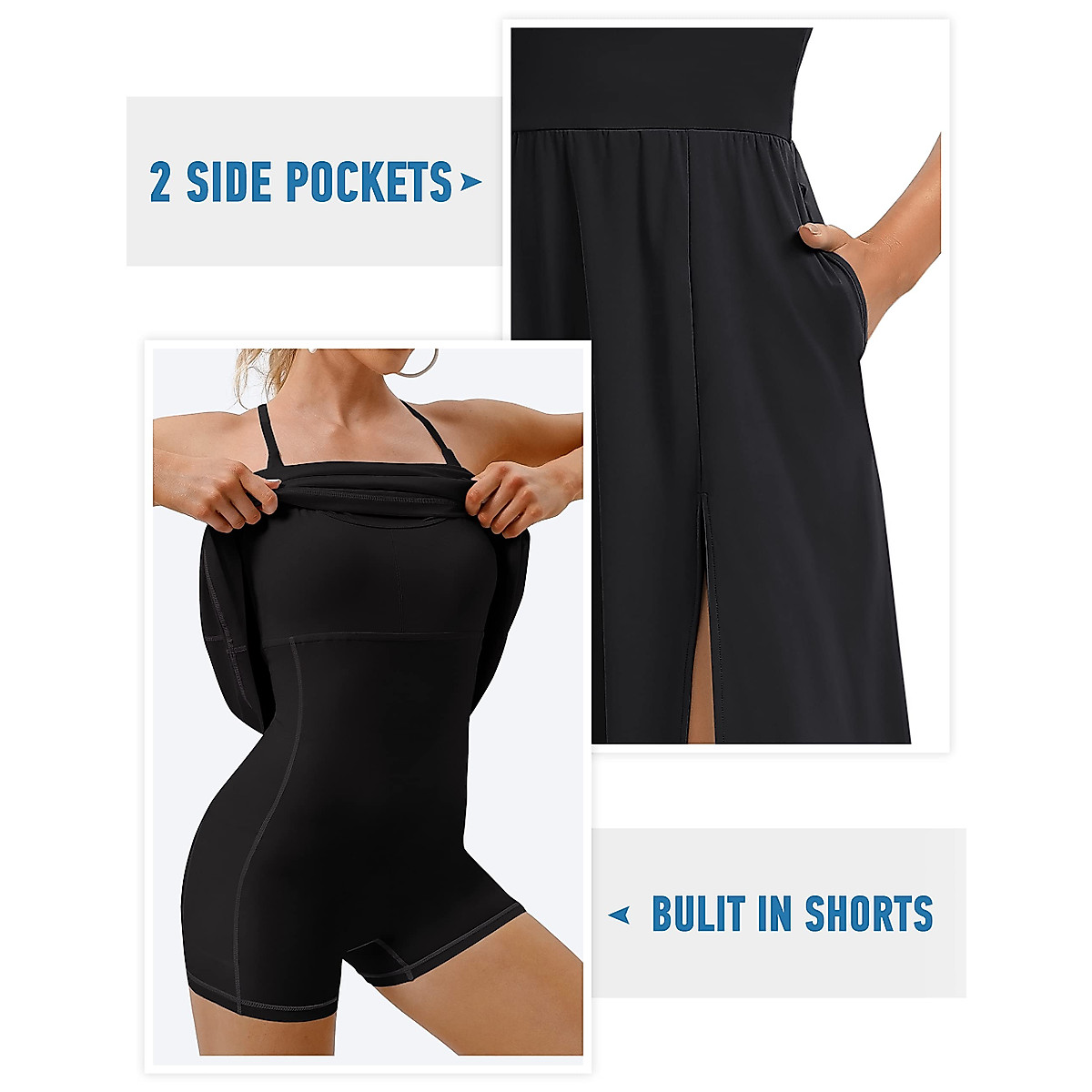 Athletic Dress with Built in Shorts & Bra Adjustable Straps Workout Dress for Tennis Golf Midi Dresses for Women Black