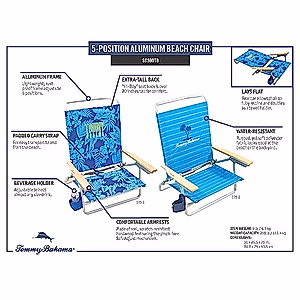 Tommy Bahama 5-Position Lay Flat Cup Holder and Towel Bar Beach Chair, 1-Pack, Floral Print