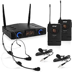 Pyle Compact UHF Wireless Microphone System-Pro Portable Dual Channel Desktop Digital Set w/ 2 Belt-Pack Transmitter, Receiver, 2 Headset, Lavalier Mics, XLR, for Home, PA (PDWM2958B.5)