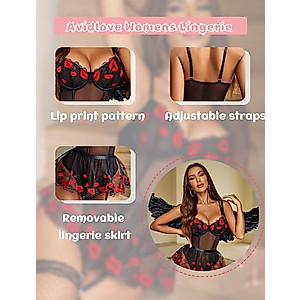 Avidlove Womens Lingerie Supportive Bodysuit with Removable Mini Skirt Embroidery Garter Lingerie Set