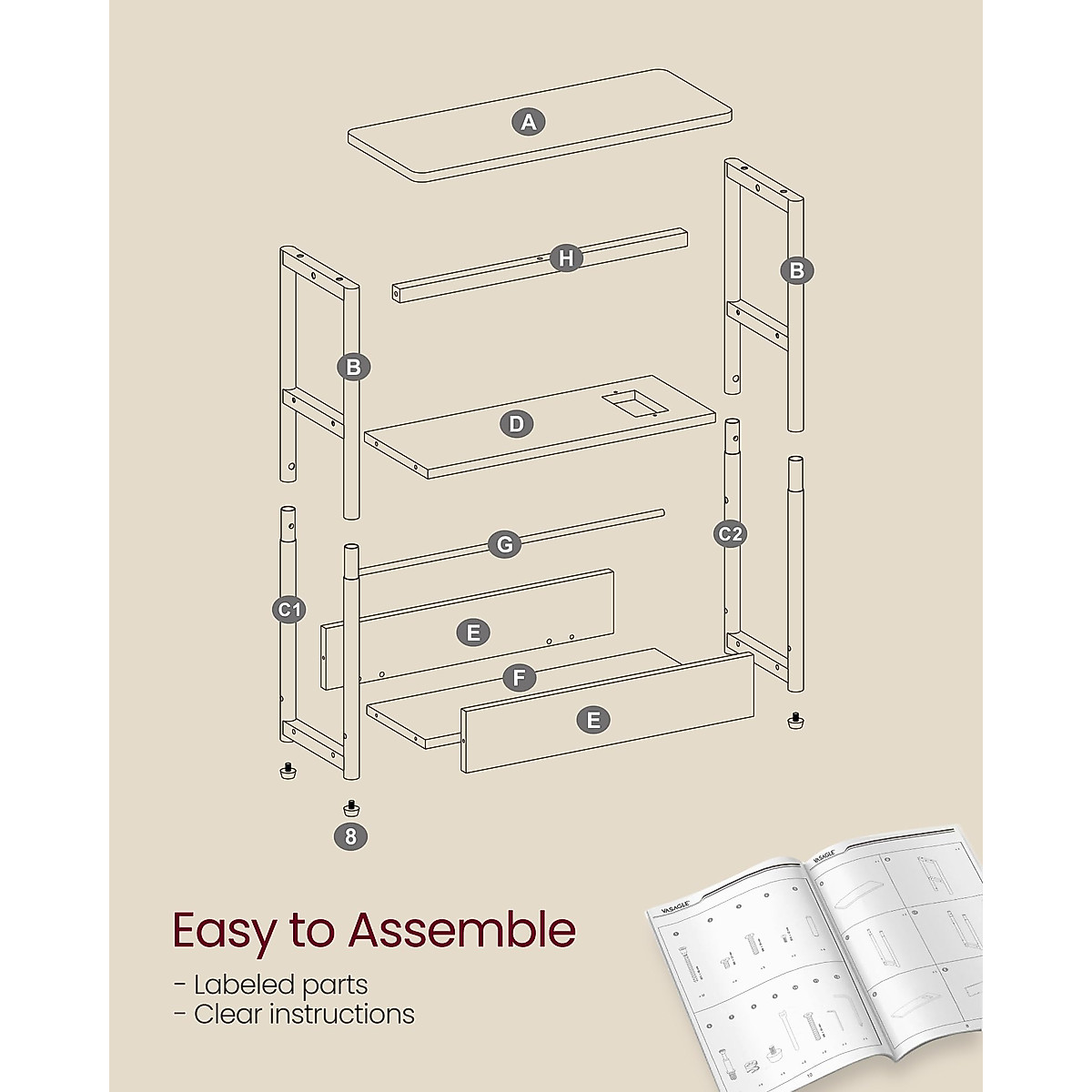 VASAGLE Side Table with Charging Station, Narrow End Table, 3-Tier Nightstand, Sofa Table for Small Spaces, Magazine Rack, for Living Room, Bedroom, Study, Rustic Brown and Ink Black ULET335K01