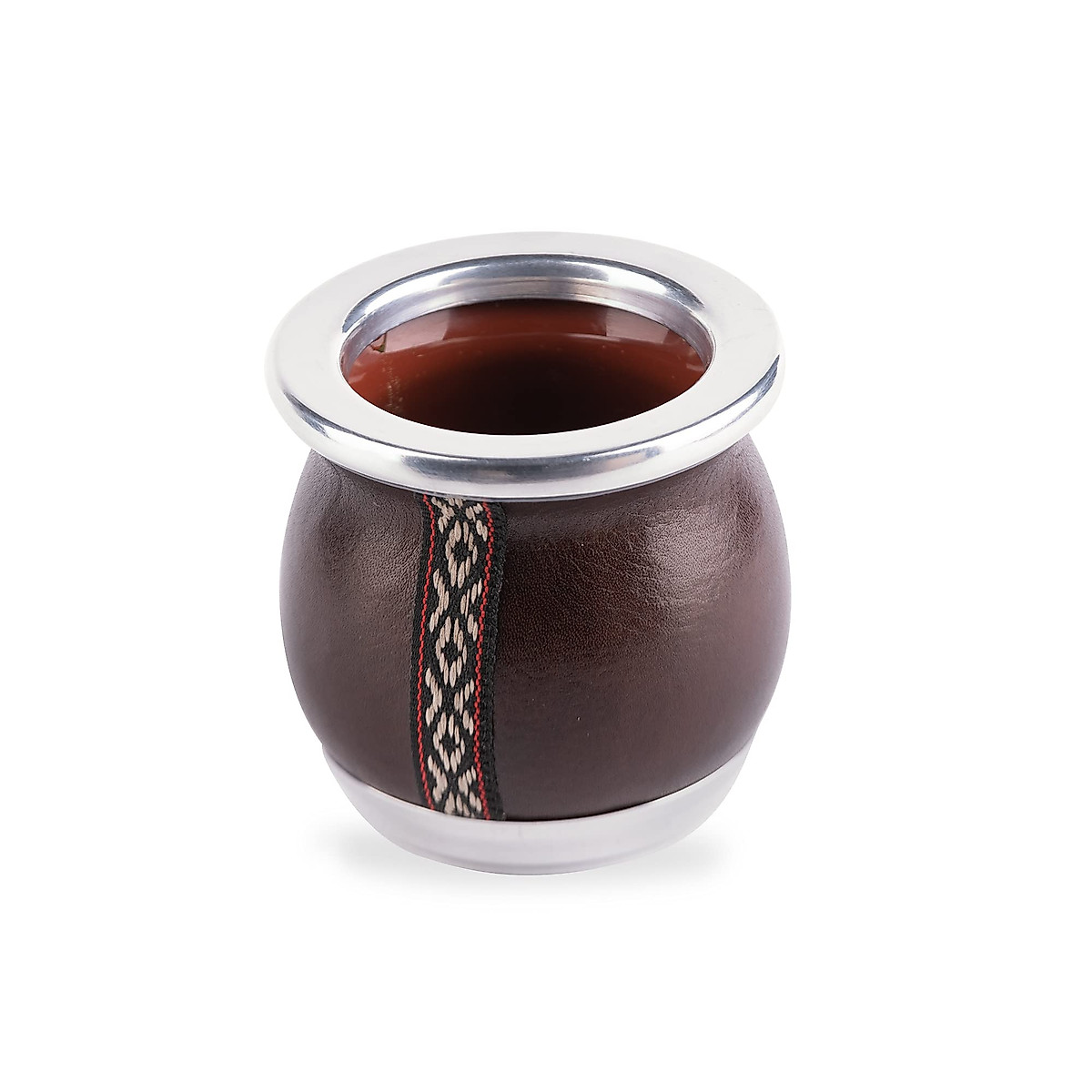 thebmate [Tiny Mate Premium Set Yerba Mate Cup - Crafted Ceramic Teacup - Brown Leather Wrapped Handmade in Uruguay - Set Mate Tiny with German Silver Bombilla Straw and Cleaning Brush (Dark Brown)