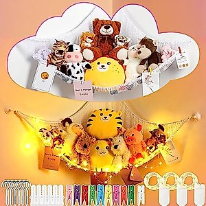 Berlune 2 Set Stuffed Animal Net or Hammock with LED Light, Stuffed Animal Storage Stuffed Animal Hammock Corner Toy Hammock Stuffed Animal Organizer with Clips Hooks for Bedroom Nursery Decor