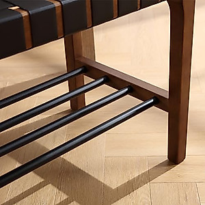 Janoray Solid Wood Bench, Modern 45" Long Dining Bench with Faux Leather Woven Strips & Metal Shelf Comfy Seat for Entryway/Dning Room/Bedroom, Black