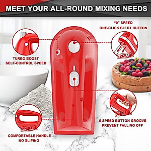 Lord Eagle Electric Hand Mixer Mini, 300W Power Handheld Mixer Kitchen for 5-Speed Baking Cake Egg Cream Food Beaters Whisk, with Snap-On Storage Case, Red