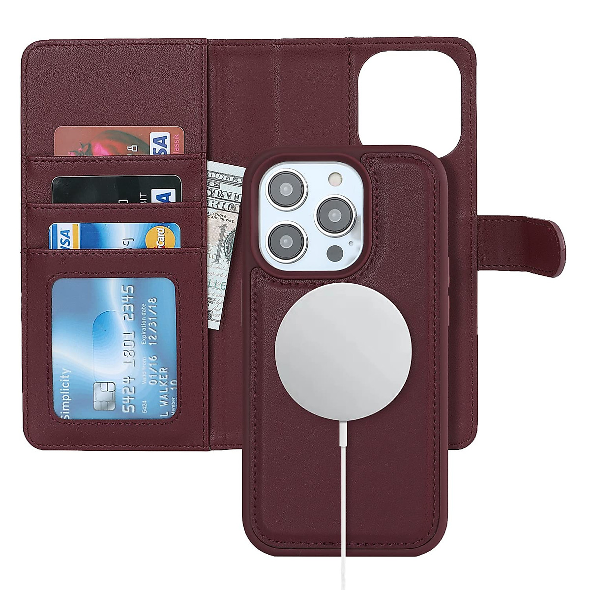 Ｈａｖａｙａ for iPhone 14 pro max Phone case Wallet for Women iPhone 14 pro max Wallet case Magsafe Compatible with Card Holder flip Folio Detachable Magnetic Leather Phone Cover-Wine Red