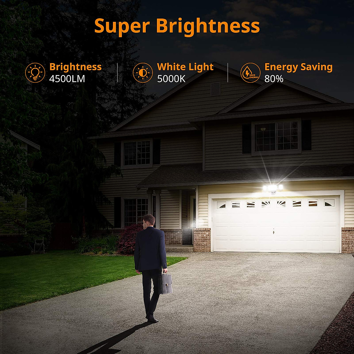 LEPOWER 4500LM LED Flood Light Outdoor Dusk to Dawn, 45W Security Lights Outdoor with 3 Adjustable Heads, IP65 Waterproof, 5000K, Photocell Flood Light Fixture for Garage, Patio, Yard