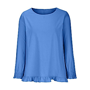Target Online shoppingcute Country Concert Outfits Women's Cute Preppy Tops Long Sleeve Crewneck Cotton Linen Tops Solid Color Plain Top Fall Fashion Shirts Blouse Blue 2XL