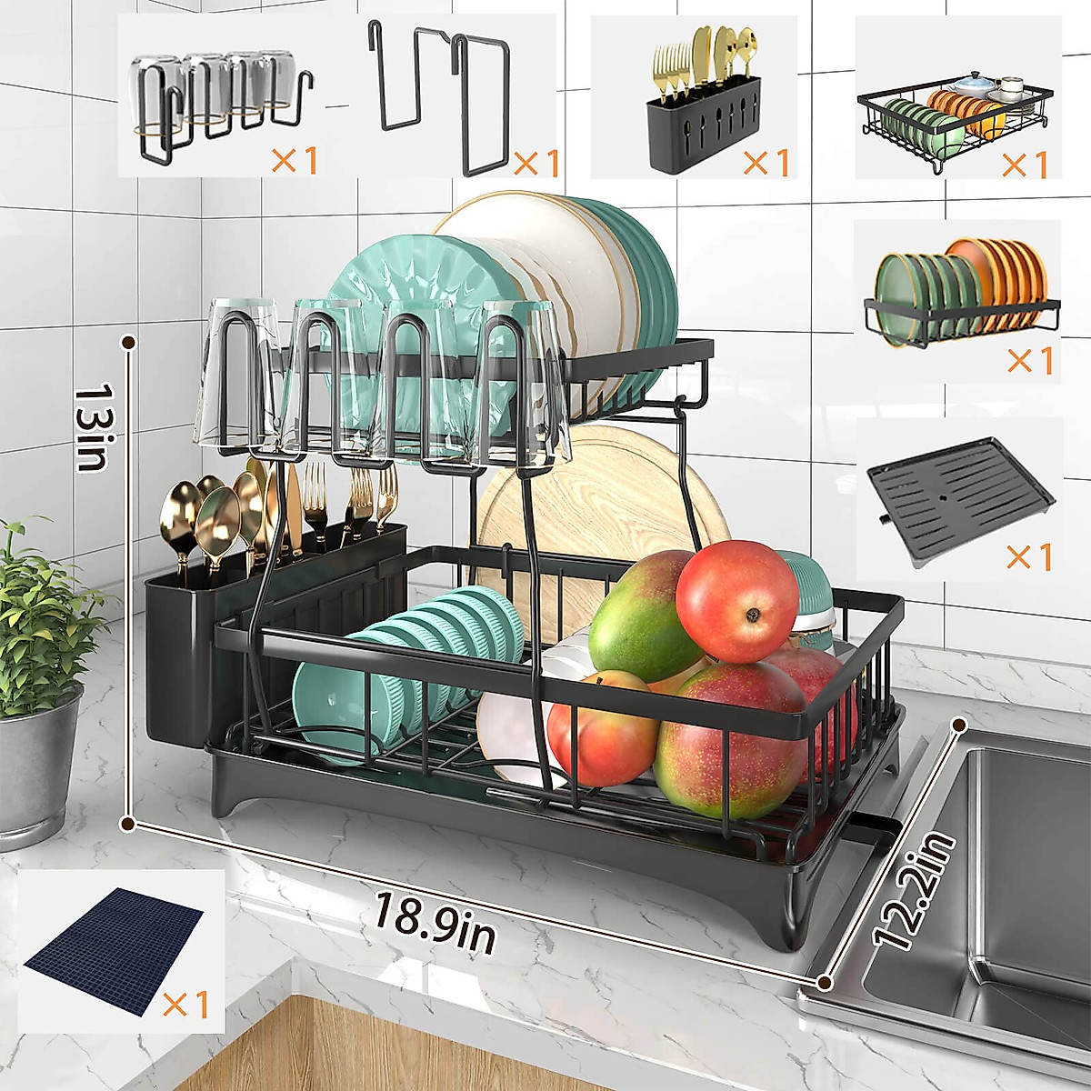 Godboat Dish Drying Rack, Dish Rack with Extra Drying Mat, 2-Tier Dish Racks for Kitchen Counter, Kitchen Gadgets with Drainboard & Utensil Hooks, Kitchen Organization & Decor, Gifts for Women & Men