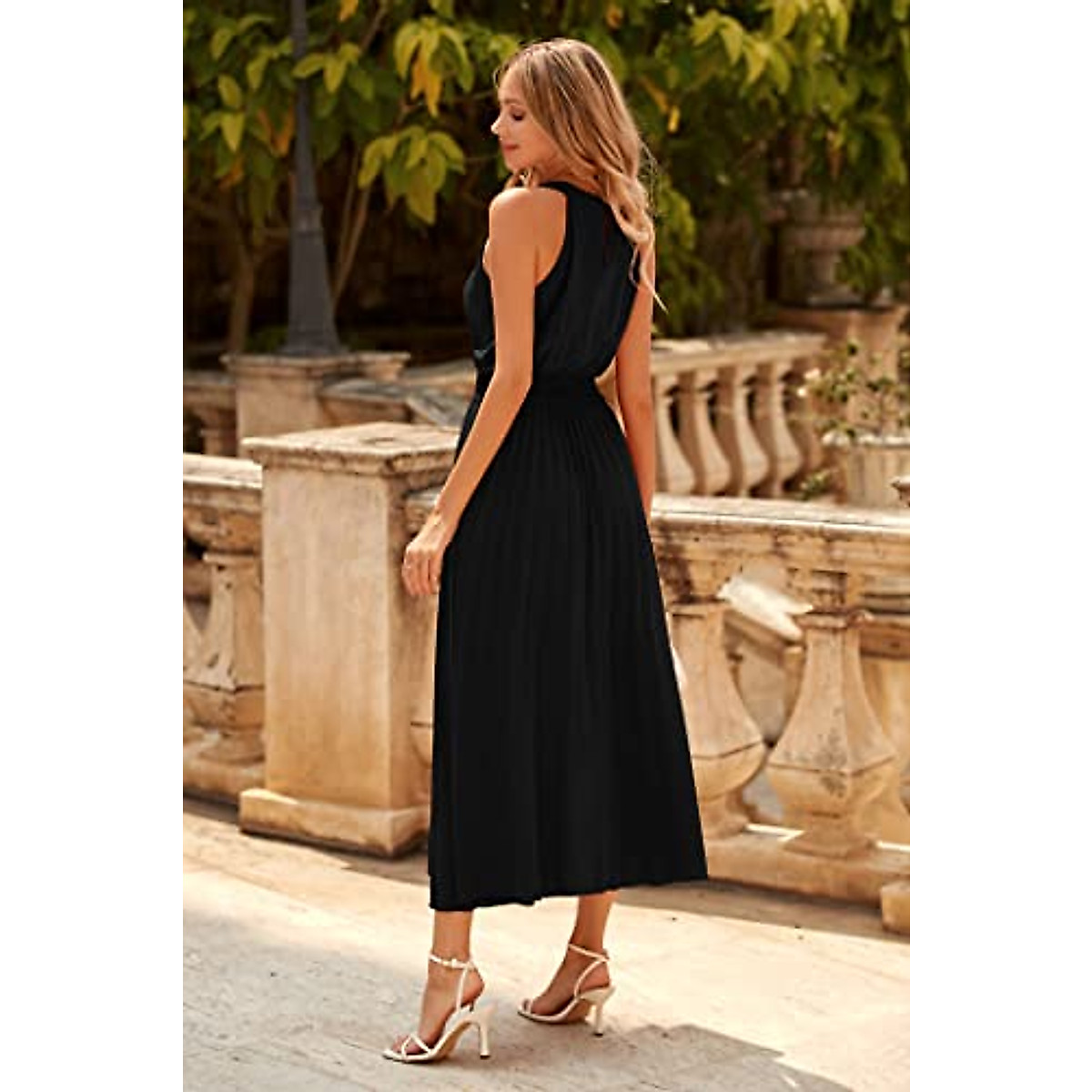 PRETTYGARDEN Women's Long Sun Dresses 2023 Sleeveless Halter Neck Flowy Pleated Maxi Cocktail Dress (Black,Large)