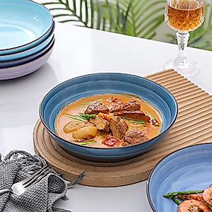 Selamica Porcelain 26 Ounce Salad Pasta Bowls, 8 inch Wide and Shallow Serving bowls, Microwave & Dishwasher Safe, Sturdy & Stackable, Set of 6, Gradient Blue