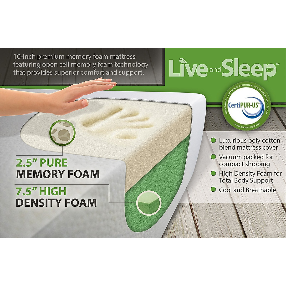 Live and Sleep - Resort Full Size 10-Inch Memory Foam Mattress in a Box - Medium Firm for Better Comfort, CertiPur Certified (Full)