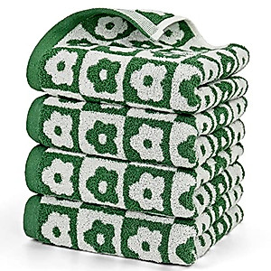 Hand Towels Checkered Floral - Set of 4 Soft Face Towels for Bathroom, Large Size 13” x 29”, Dark Olive Green