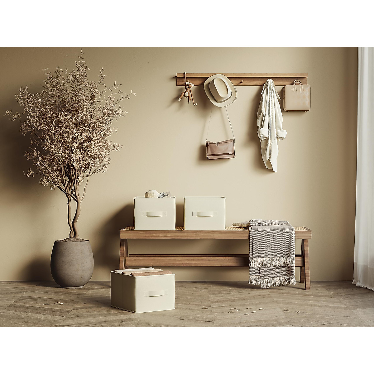 LayerSpace 3 Pack Fabric Storage Bins for Shelves | 14¾" L*10¼" W*8" H Closet Storage Bins | Collapsible Storage Bins for Organization | Linen Clothes Storage Bins | White & Ivory