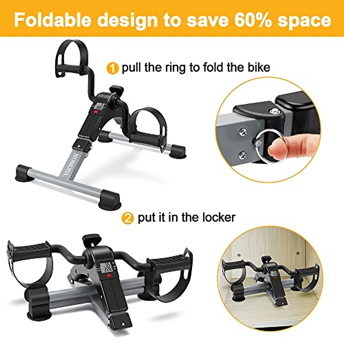 Pedal Exerciser Desk Exercise Bike Leg and Arm Recovery Bike with LCD Monitor Foldable and Porable (Black/Grey)