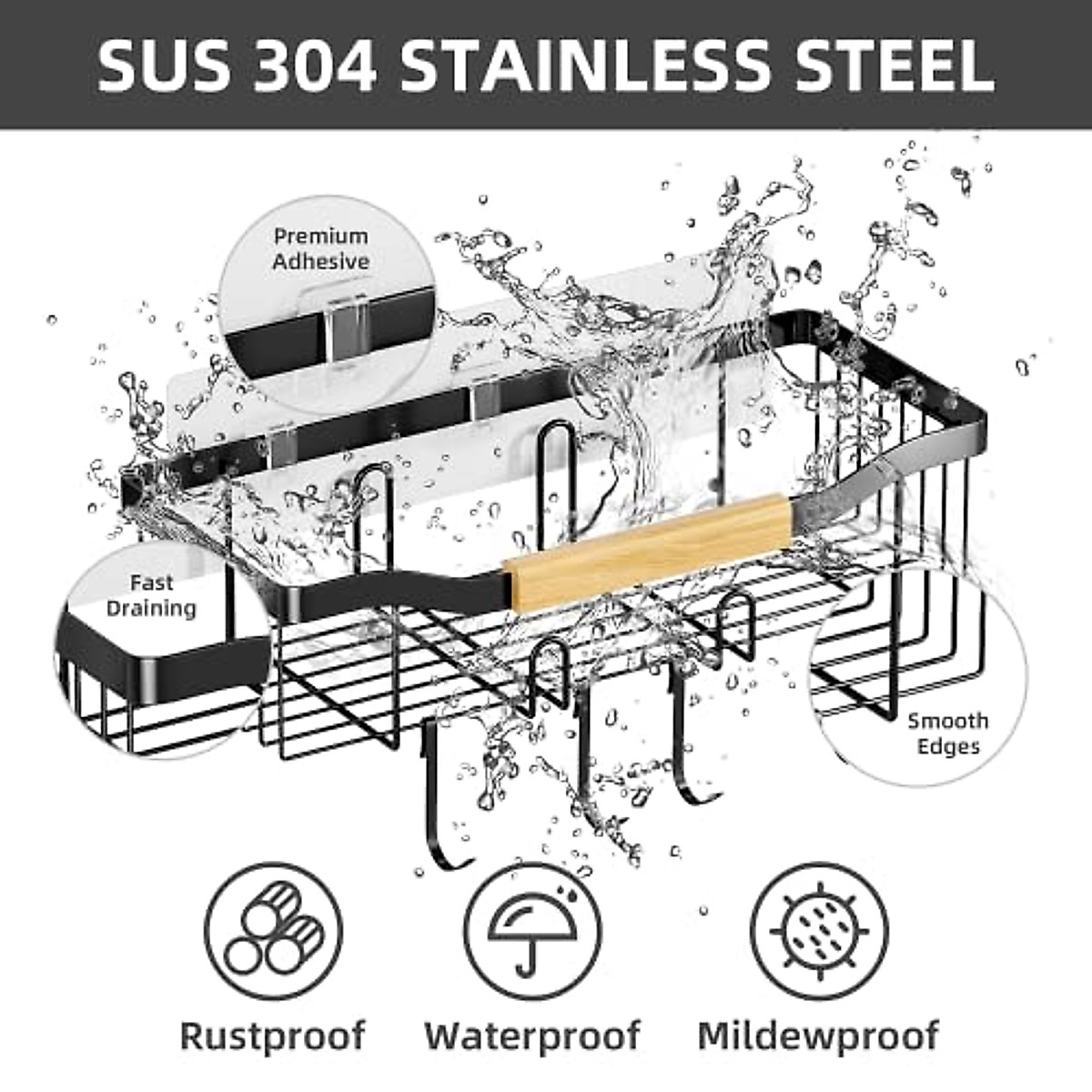 Shower Caddy Bathroom Shelf, 4-Pack Adhesive Shower Organizer with 2 Soap Holders and 16 Hooks, No Drilling Rustproof 304 Stainless Steel Shower Storage Basket Rack for Bathroom & Kitchen Storage