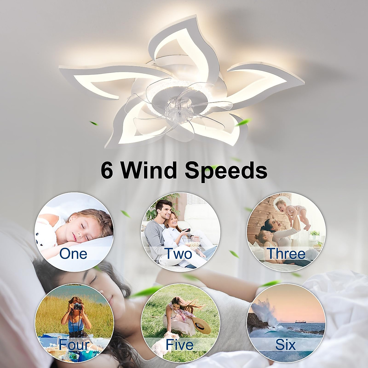 ZHMDJDSH 26" Geometric Ceiling Fan with Light Remote Control, 6 Speeds 3 Colors, White Low Profile Flush Mount Ceiling Light for Kitchen Bedroom Living Room