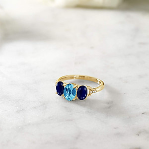 Gem Stone King 10K Yellow Gold 3-Stone Diamond Engagement Ring 2.12 Ct Oval Checkerboard Swiss Blue Topaz Blue Sapphire (Size 7)