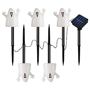 Ghost Yard Stakes, 2 Modes Halloween Decorative Stake Light, Halloween Ghost Led Stake Lights with 2 Lighting Modes, Solar Powered Led Ghost Lights, Light Up Halloween Decorations for Holiday Home