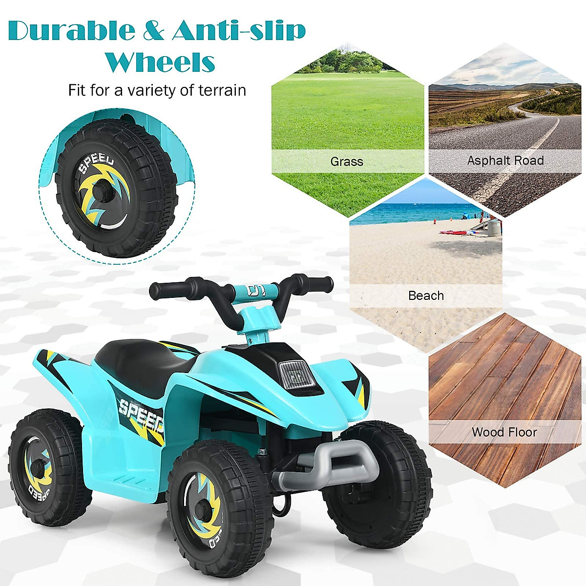 OLAKIDS Kids Ride On ATV, 6V Motorized Quad Toy Car for Toddlers, 4 Wheeler Battery Powered Electric Vehicle for Boys Girls with Forward/Reverse Switch, Anti-Slip Wheels (Aqua)
