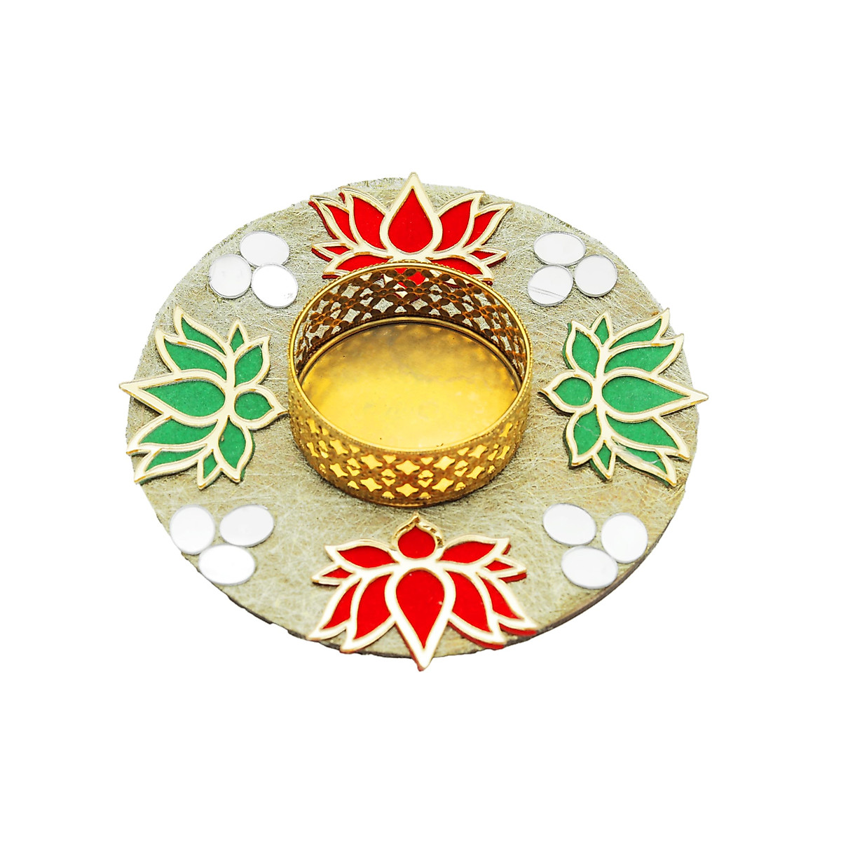 Set of 2 MDF Wooden Lotus Base T Light Holder Candle Stand Tealight Holders for Indian Traditional Festival Decoration Lighting Accessory Wedding Home Decor(Without Wax)(Red,Green)(Size:-4")