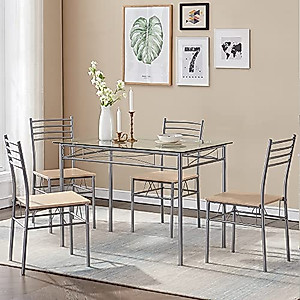 VECELO Kitchen Dining Room Table and Chairs 4, 5-Piece Dinette Sets, Space Saving (Silver), Silvery