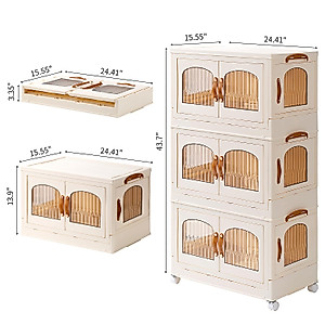 EHAMILY Stackable Storage Bins with 1 Lid Set 3 Tier,19 Gal Clear Plastic Folding Storage Box with Wheel and Door,Large Foldable Cabinet Collapsible Bin for Closet Organizer,Clothes,White