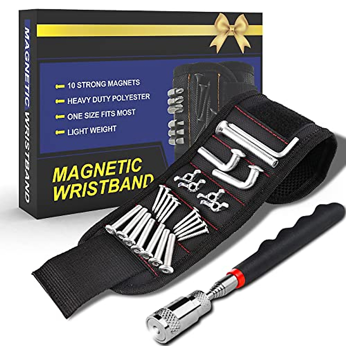 Magnetic Wristband, SURGEDO Magnetic Wrist Tool Holder with Strong Magnet for Screws, Also Includes Retractable Magnet Pick-Up Tool with LED, Small Gifts for Dad Men Husband