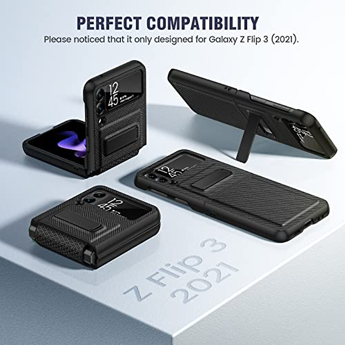 Caka Compatible for Galaxy Z Flip 3 5G Kickstand Case, Z Flip 3 Case with Camera Protector Hinge Protection Wireless Charging Cover Case for Samsung Galaxy Z Flip 3 (Carbon Fiber Black)
